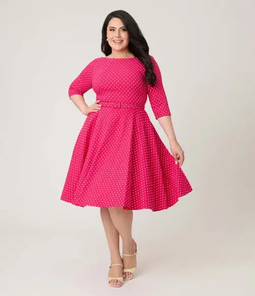 Unique Vintage Three Quarter Sleeve Belted Devon Swing Dress - Pink W/white Pindot