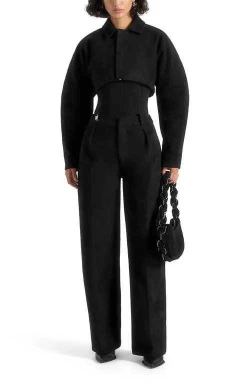 Manière De Voir Solene Suede Wide Leg Pleated Trousers - Black