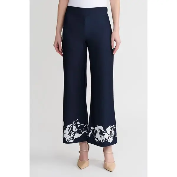 Ming Wang Stretch Deco Crepe Floral Print Wide-leg Pants - Indigo/white