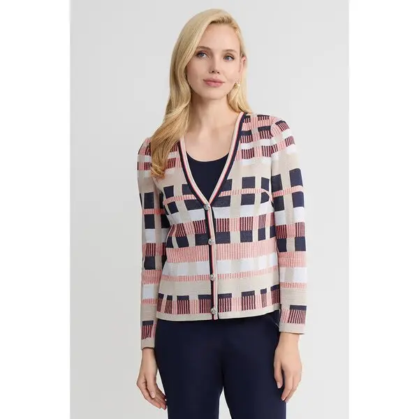 Ming Wang Jacquard Colorblock Knit Cardigan - Sunkist Coral/indigo/tan