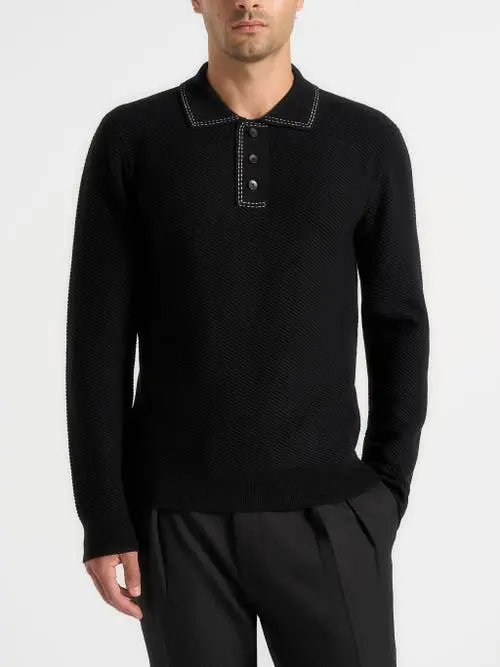 Manière De Voir Aymeric Whipstitch Detail Long Sleeve Knit Polo Shirt - Black