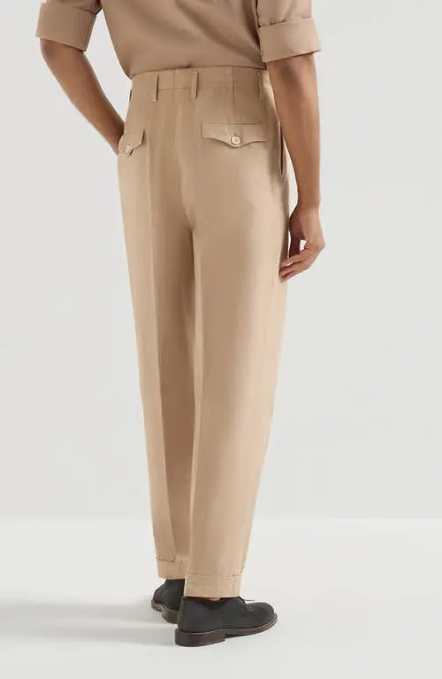 Brunello Cucinelli Double Pleat Cotton Linen Trousers - Tobacco