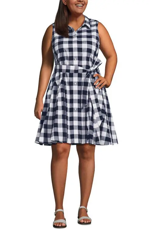LANDS' END Poplin Button Front Dress With Godets - Radiant Navy Gingham