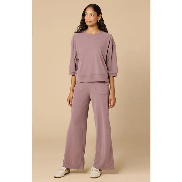 SOFTIES Terry Cropped Sleeve Crew Neck With Wide Leg Pant - Driftwood