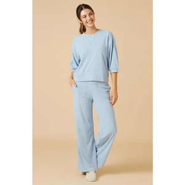SOFTIES Terry Cropped Sleeve Crew Neck With Wide Leg Pant - Heather Sky Blue