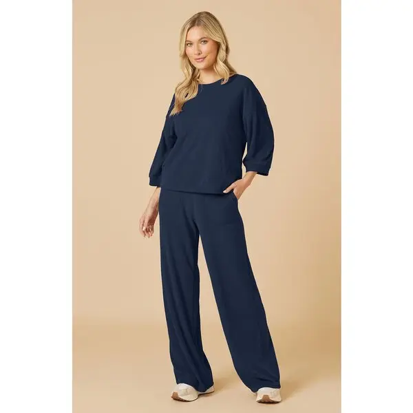 SOFTIES Terry Cropped Sleeve Crew Neck With Wide Leg Pant - Midnight