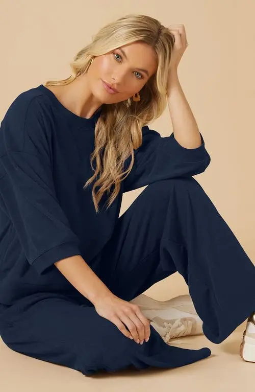 SOFTIES Terry Cropped Sleeve Crew Neck With Wide Leg Pant - Midnight