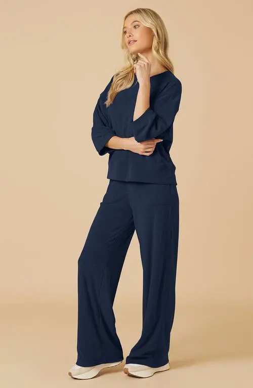 SOFTIES Terry Cropped Sleeve Crew Neck With Wide Leg Pant - Midnight