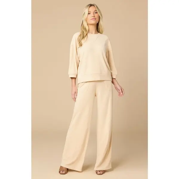 SOFTIES Terry Cropped Sleeve Crew Neck With Wide Leg Pant - Warm Sand