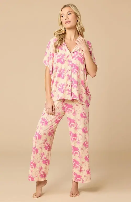 SOFTIES Soft Sleep Caftan Top And Cropped Pant Pajama Set - Fuchsia Floral