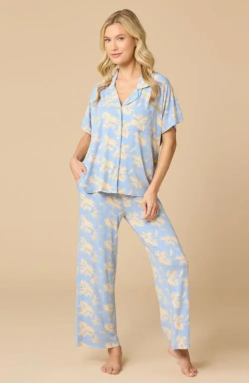 SOFTIES Soft Sleep Caftan Top And Cropped Pant Pajama Set - Sky Blue Floral