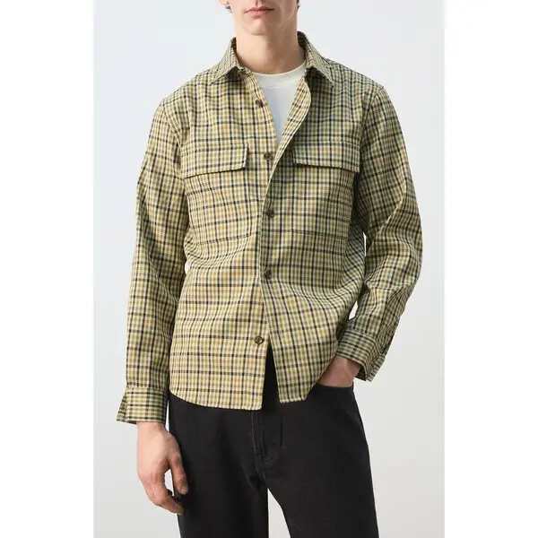 Mango Plaid Print Shirt Jacket - Olive Green