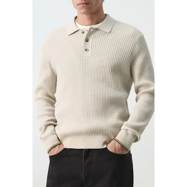 Mango Braided Cotton Blend Polo Sweater - Sand