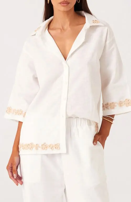 SNDYS Ines 2.0 Embroidered Trim Linen & Cotton Blend Button-up Shirt - White