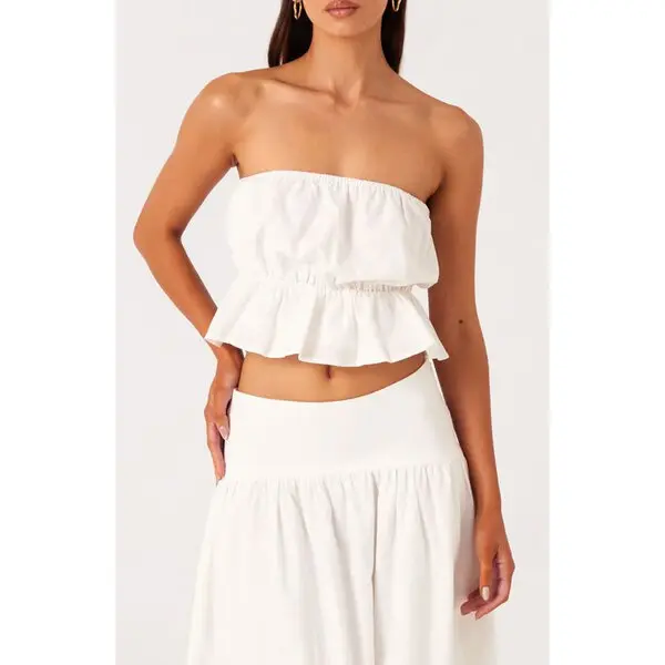 SNDYS Nesa Strapless Linen & Cotton Peplum Crop Top - White