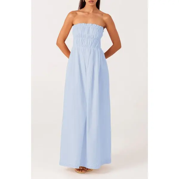 SNDYS Ines Strapless Linen & Cotton Maxi Dress - Blue
