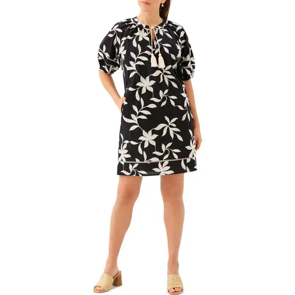 Karen Kane Floral Embroidered Puff Sleeve Cotton Shift Dress - Black