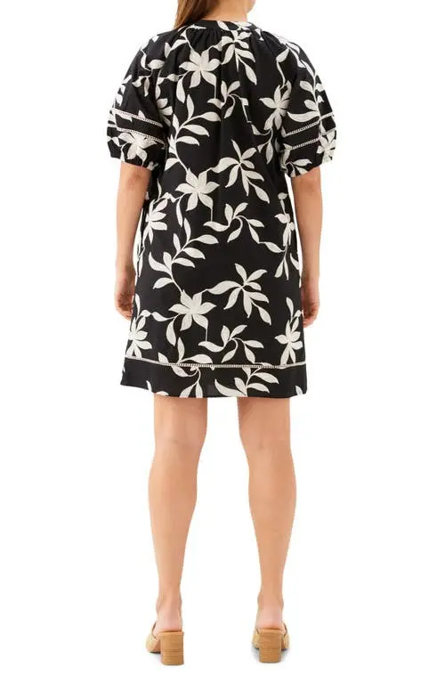 Karen Kane Floral Embroidered Puff Sleeve Cotton Shift Dress - Black