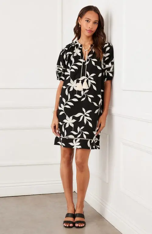 Karen Kane Floral Embroidered Puff Sleeve Cotton Shift Dress - Black