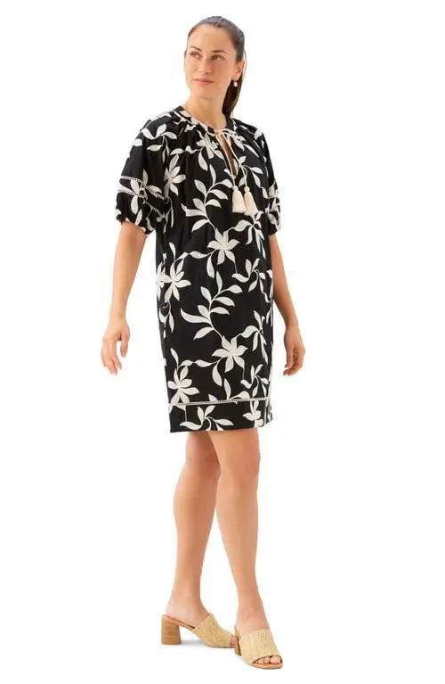 Karen Kane Floral Embroidered Puff Sleeve Cotton Shift Dress - Black