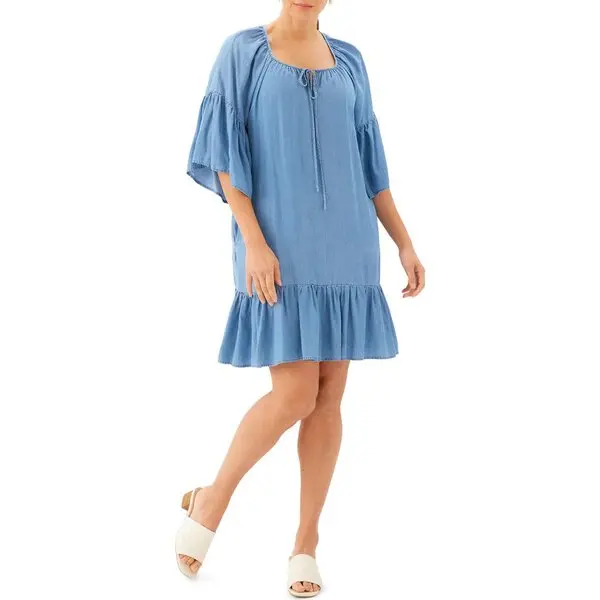 Karen Kane Ruffle Hem Tie Neck Dress - Chambray