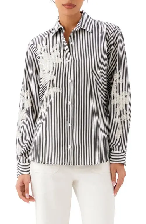Karen Kane Stripe Embroidered Cotton Blend Button-up Shirt - Black W/off White