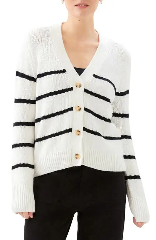 Karen Kane Stripe Stretch Cotton Blend Cardigan Sweater - Off White W/black