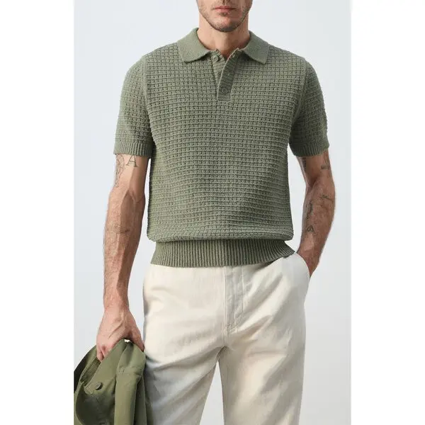 Mango Waffle Knit Polo Sweater - Forest Green