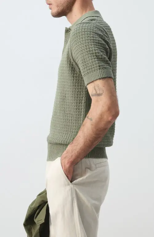 Mango Waffle Knit Polo Sweater - Forest Green