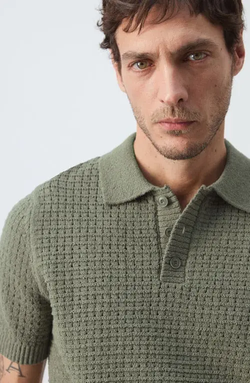 Mango Waffle Knit Polo Sweater - Forest Green
