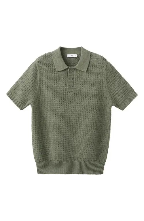 Mango Waffle Knit Polo Sweater - Forest Green
