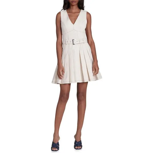 Avec Les Filles Seamed Sleeveless Pleated Stretch Cotton Minidress - Seeded Ecru
