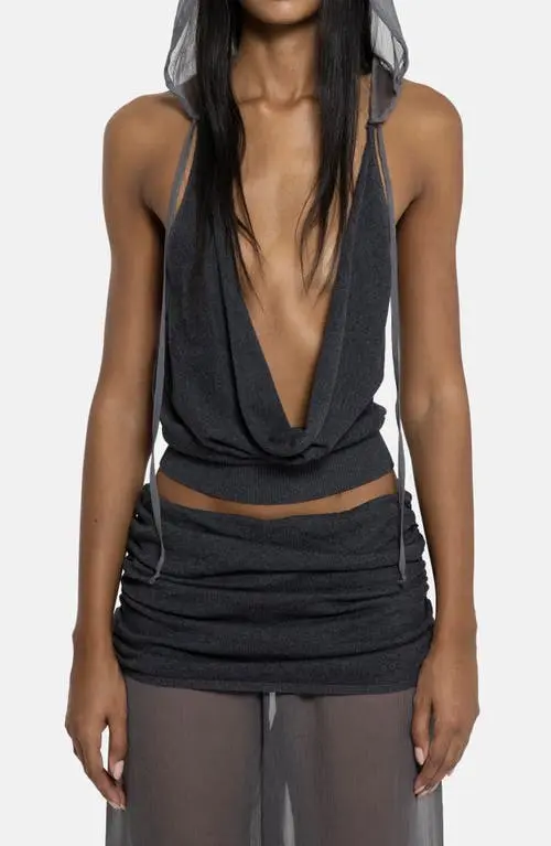 JADED LONDON Plunge Neck Knit Top With Chiffon Hood - Grey