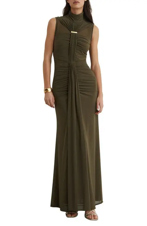 REISS Collette Ruched Maxi Gown - Khaki Green