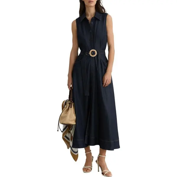 REISS Remi Sleeveless Denim Shirtdress - Indigo Blue