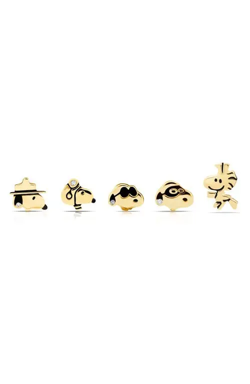 CRISLU X Peanuts® Snoopy & Woodstock Set Of 5 Assorted Single Stud Earrings - 18kt Yellow Gold/clear Stone