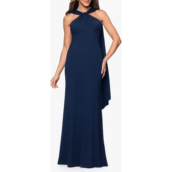 XSCAPE EVENINGS Scarf Detail Halter Neck Gown - Navy