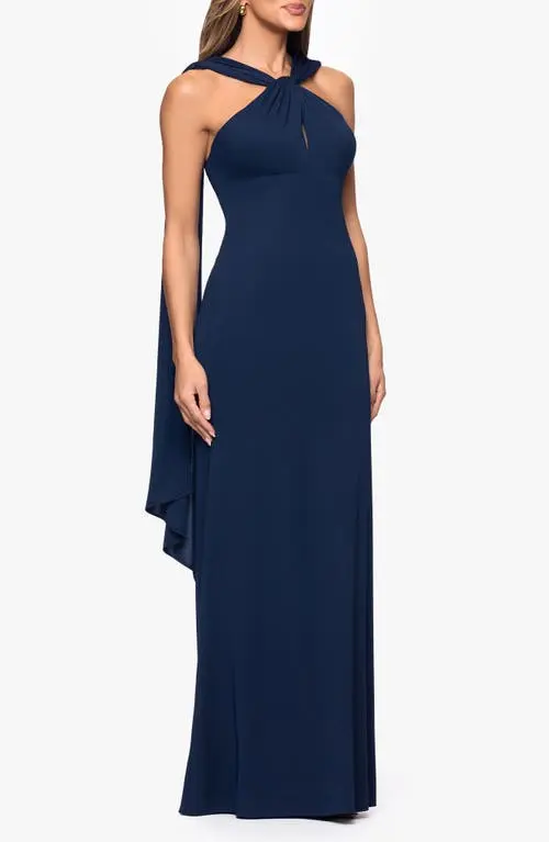 XSCAPE EVENINGS Scarf Detail Halter Neck Gown