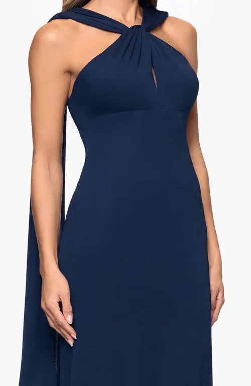 XSCAPE EVENINGS Scarf Detail Halter Neck Gown