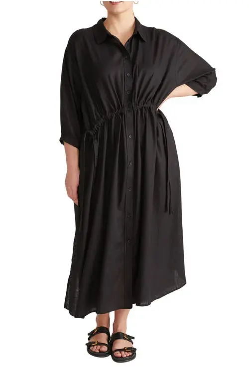 Universal Standard Drawstring Waist Button-up Linen Blend Shirtdress - Black