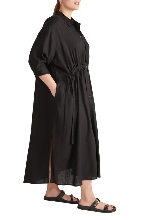 Universal Standard Drawstring Waist Button-up Linen Blend Shirtdress - Black