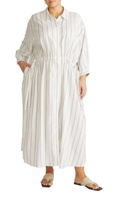 Universal Standard Drawstring Waist Button-up Linen Blend Shirtdress - Mayfair Stripe