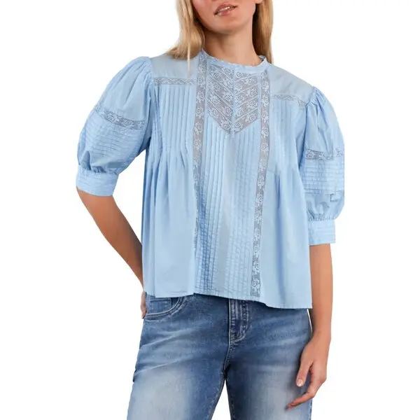 WASH LAB DENIM Charmalace Pintuck Lace Inset Top - Cerulean Blue