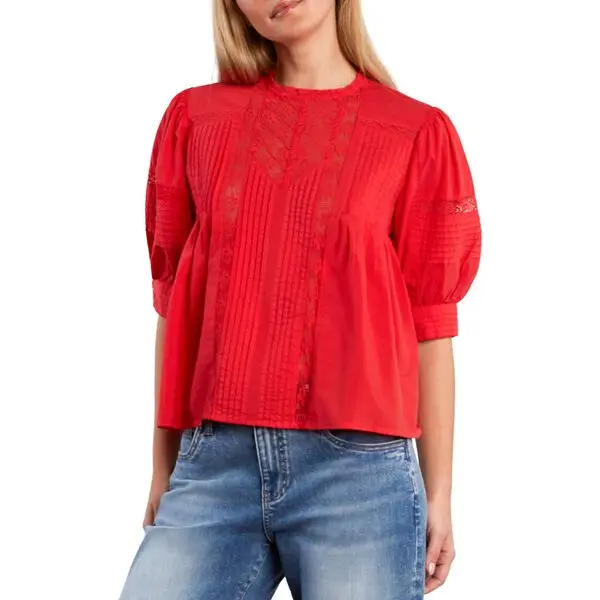 WASH LAB DENIM Charmalace Pintuck Lace Inset Top - Poppy Red