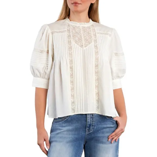 WASH LAB DENIM Charmalace Pintuck Lace Inset Top - Snow White