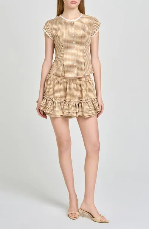 WAYF Aria Gingham Ruffle Miniskirt - Tan