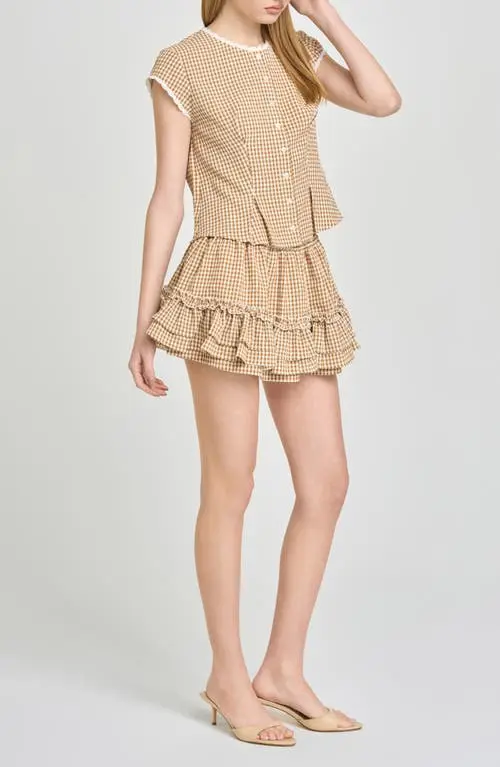 WAYF Aria Gingham Ruffle Miniskirt - Tan