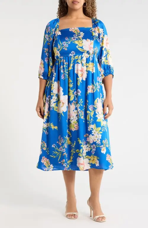 SUGARLIPS Solary Amaretto Metallic Floral Puff Sleeve Midi Dress - Cobalt-pink