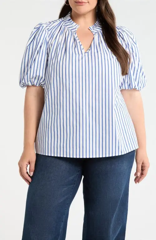 SUGARLIPS Stripe Split Neck Top - White-blue