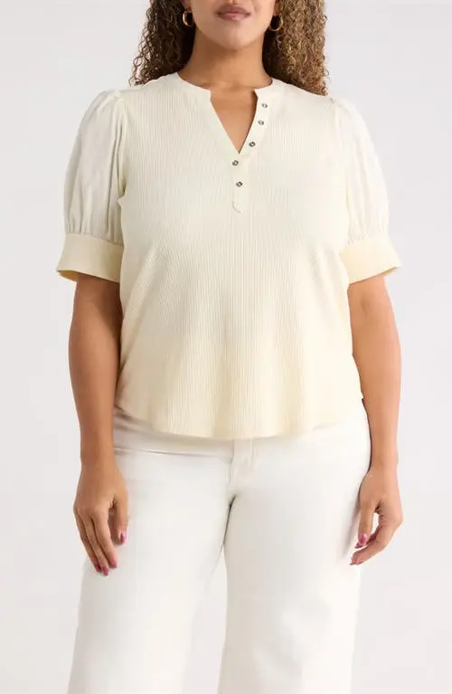 SUGARLIPS V-neck Mixed Media Henley - Cream